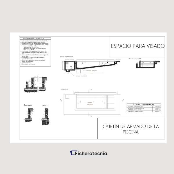 Detalle constructivo para piscina desbordante en planos DWG y PDF